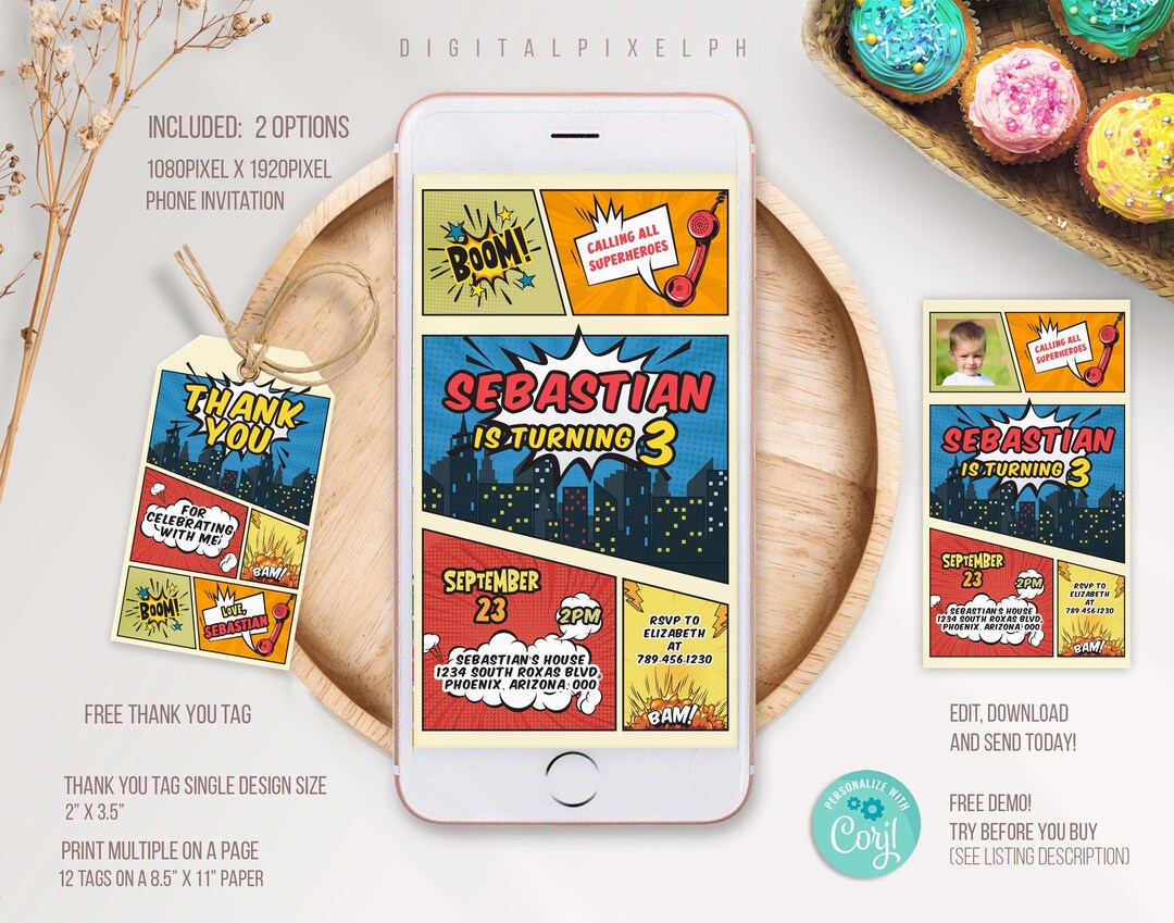 Editable Superhero Birthday Phone Invitation, Comic Book Theme - Etsy