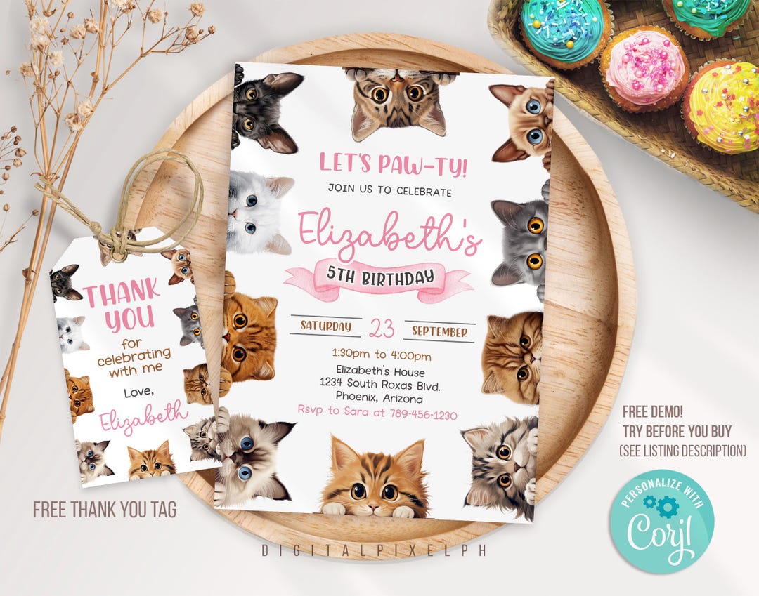 Editable Cat Birthday Invitation Template, Cat Invitation, Cat Face ...