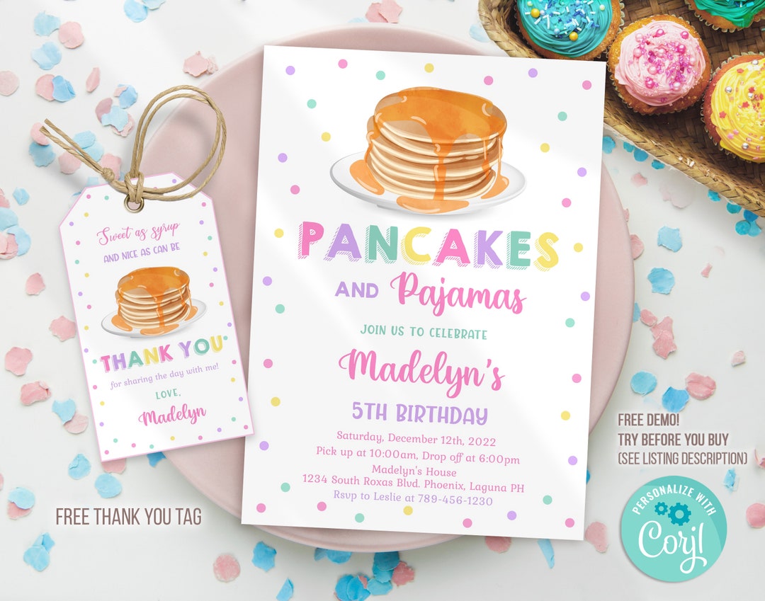 Editable Pancake Birthday Invitation Template, Pancakes and Pajamas ...