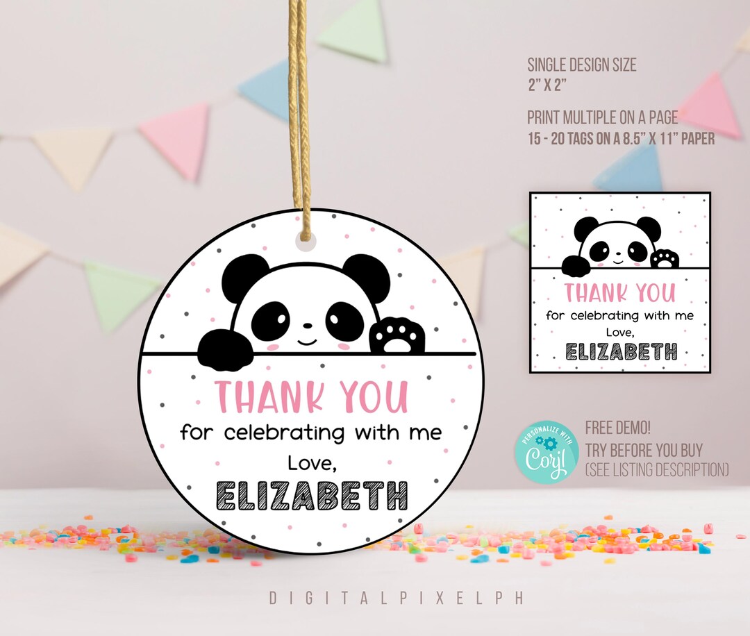 Editable Panda Round Thank You Tags, Panda Sticker, Panda Square Thank ...