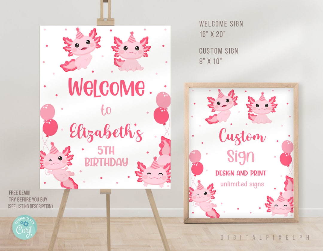 Editable Axolotl Birthday Party Welcome Sign Template, Axolotl Birthday ...