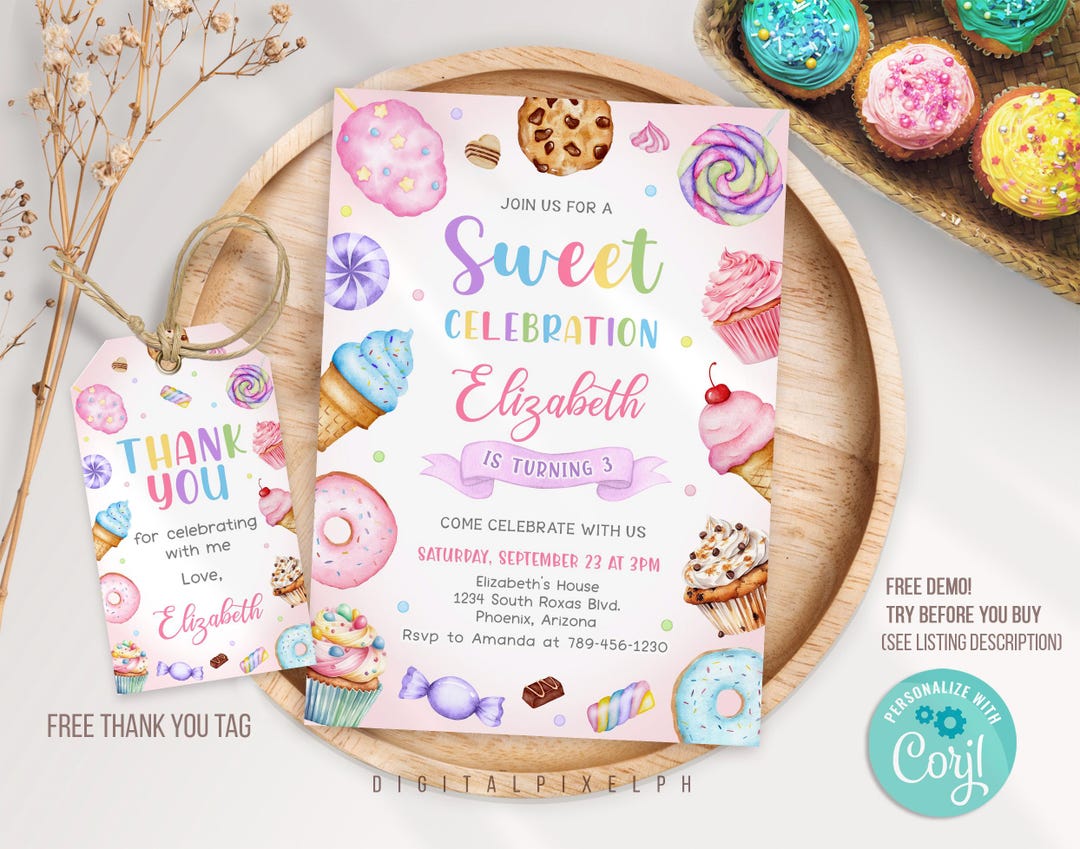 Editable Sweets Candy Invitation, Sweet Candy Birthday Invitation ...