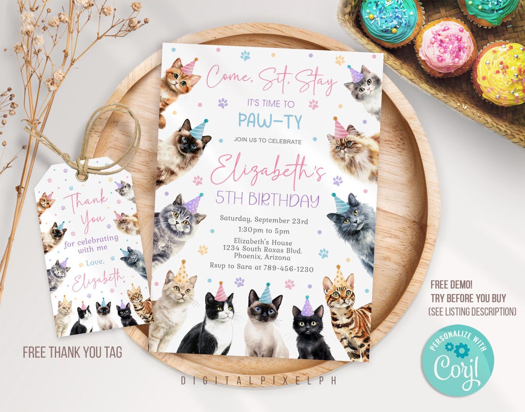 Editable Cat Birthday Invitation Template, Cat Invitation, Cat Face ...