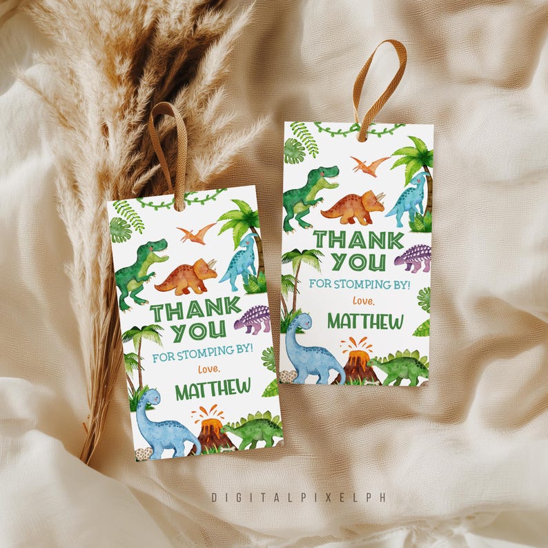 Dinosaur Birthday Thank You Tags, Dinosaur Favor Tags, Dinosaur ...