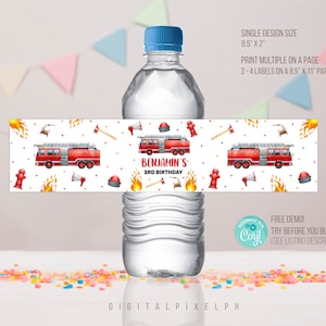 Editable Fire Truck Water Bottle Label, Fire Truck Label, Fireman ...