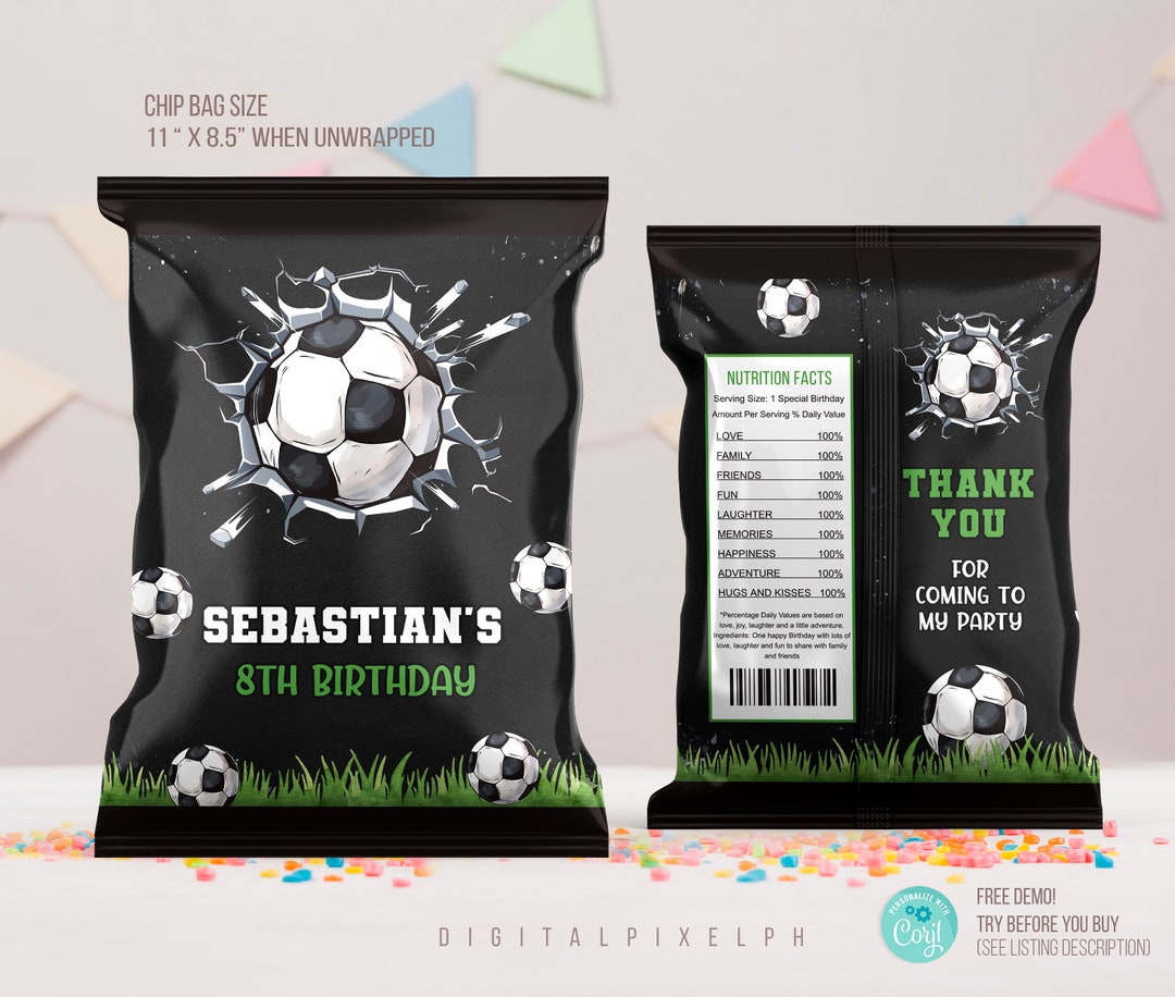 Editable Soccer Birthday Chip Bag Wrapper Labels, Soccer Chip Bag ...