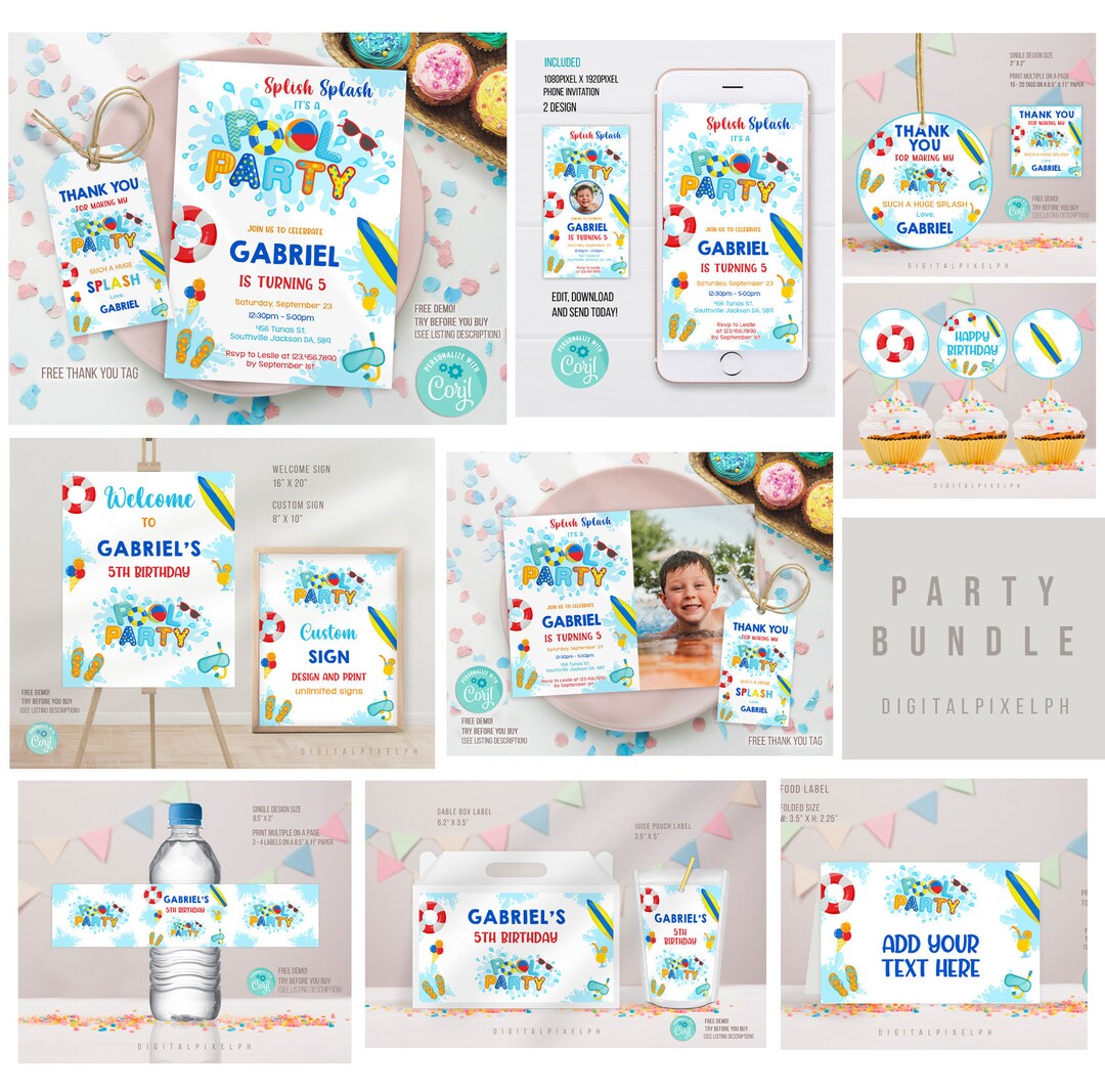 Editable Pool Party Birthday Invitation Bundle Template, Pool Party ...