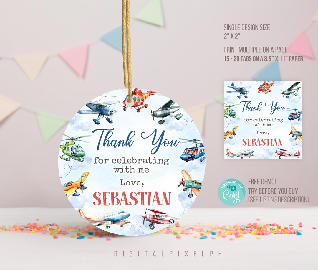 Editable Airplane Round Thank You Tags, Airplane Sticker, Airplane ...
