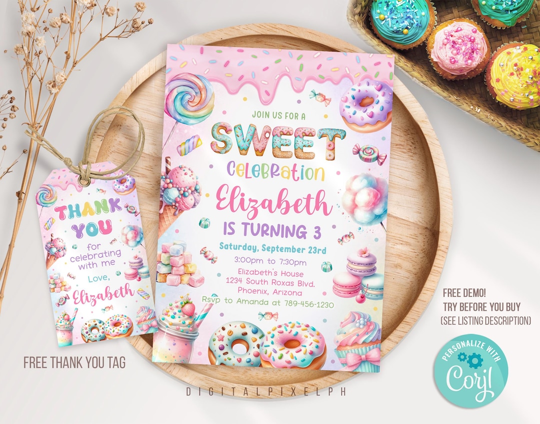 Editable Sweets Candy Invitation, Sweet Candy Birthday Invitation ...