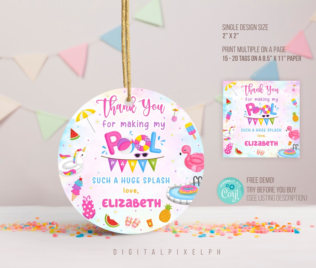 Editable Pool Party Round Thank You Tags, Pool Party Sticker, Pool ...