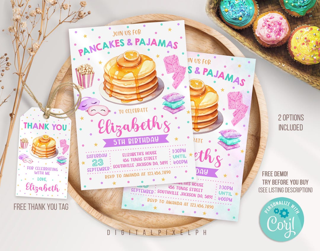 Editable Pancake Birthday Invitation Template, Pancakes and Pajamas ...