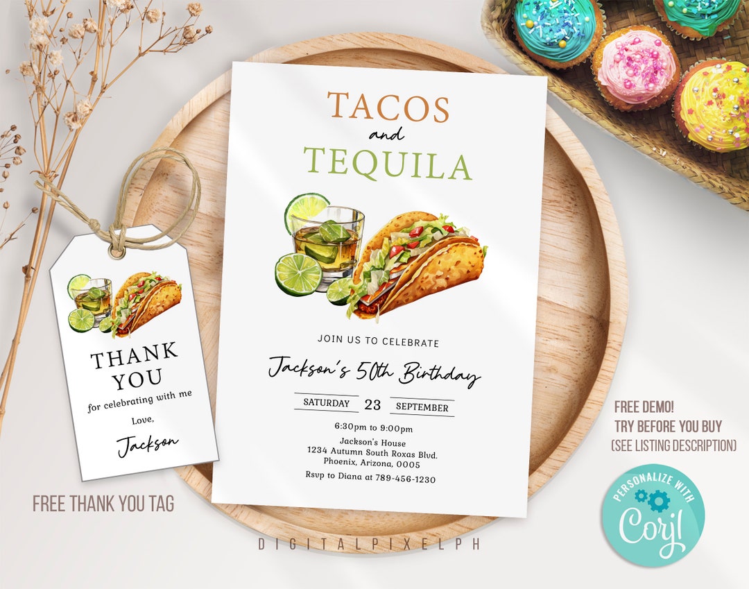 Editable Tacos and Tequila Birthday Invitation, Mexican Let's Fiesta ...