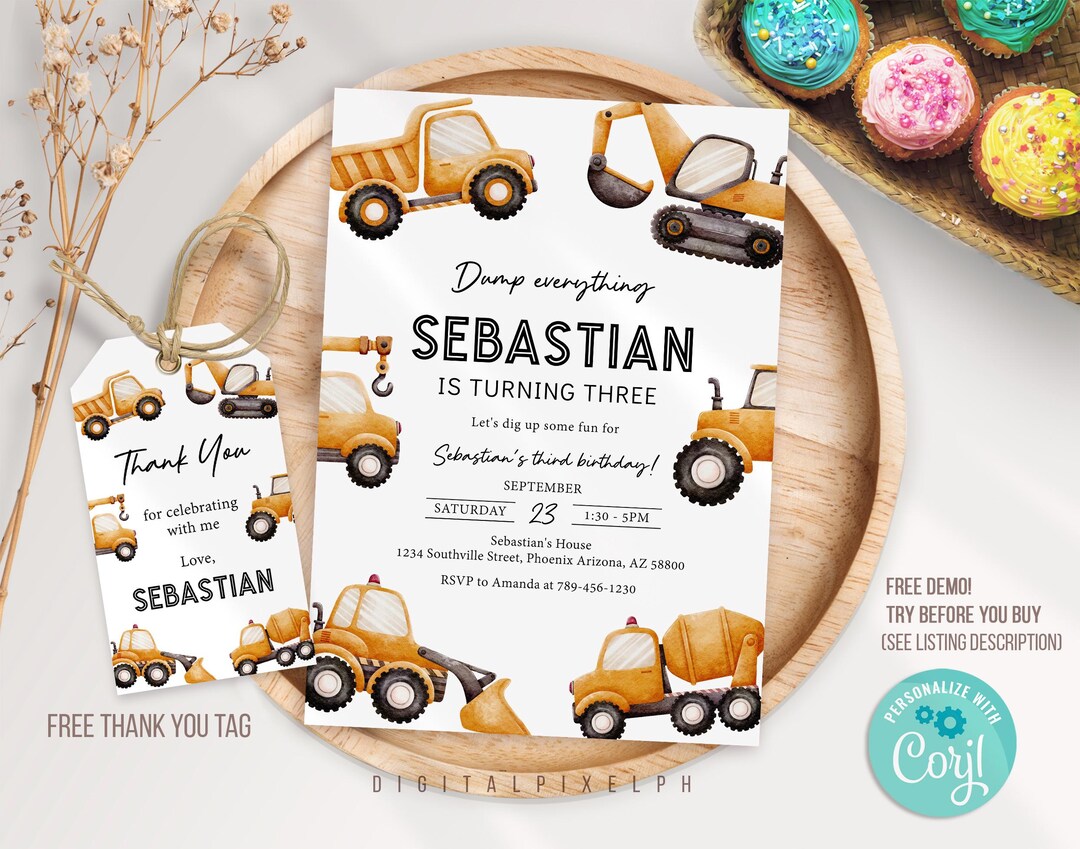 Editable Construction Birthday Invitation Template, Construction ...