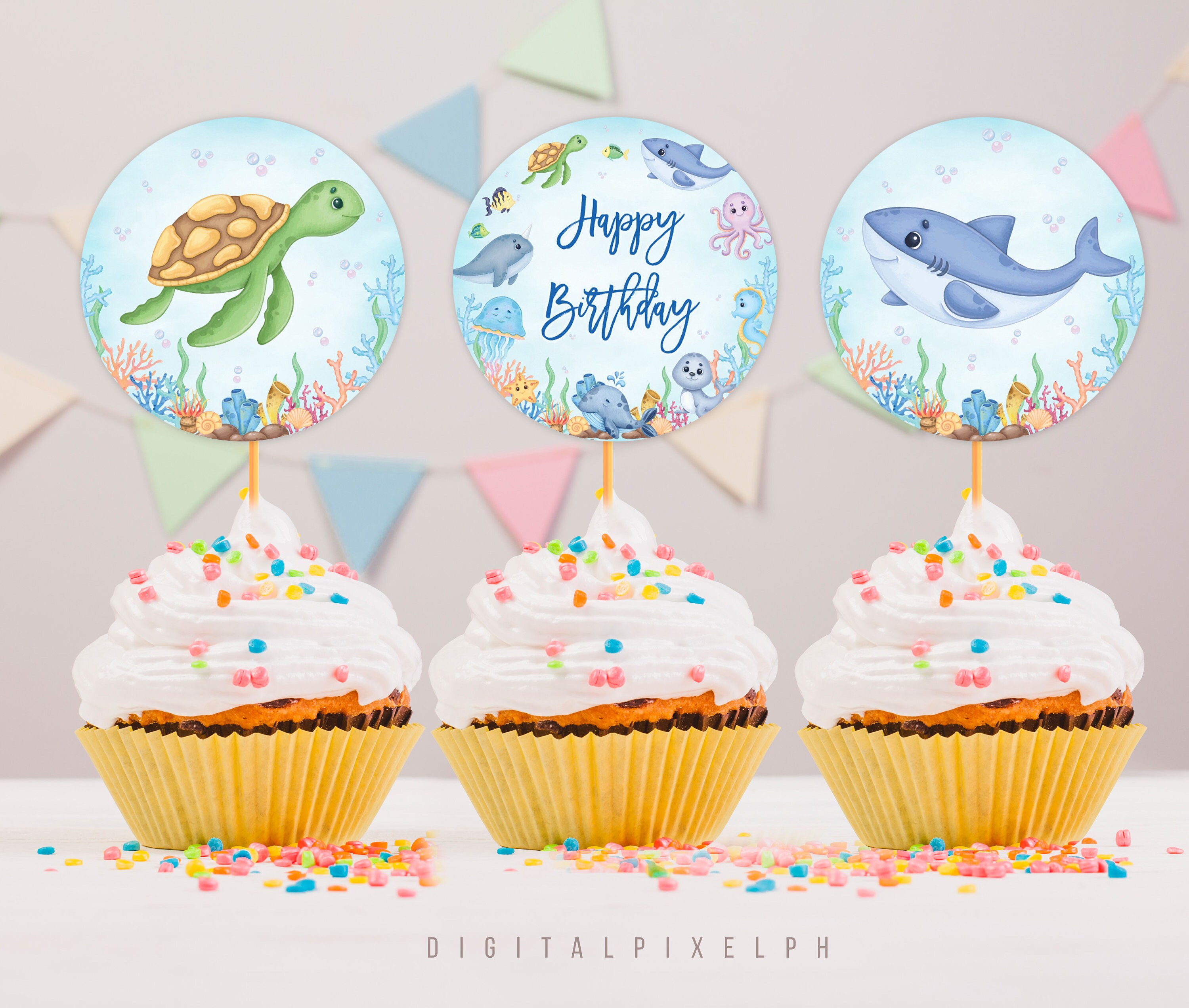 Under the Sea Birthday Cupcake Toppers, Ocean Animals Cupcake Toppers ...