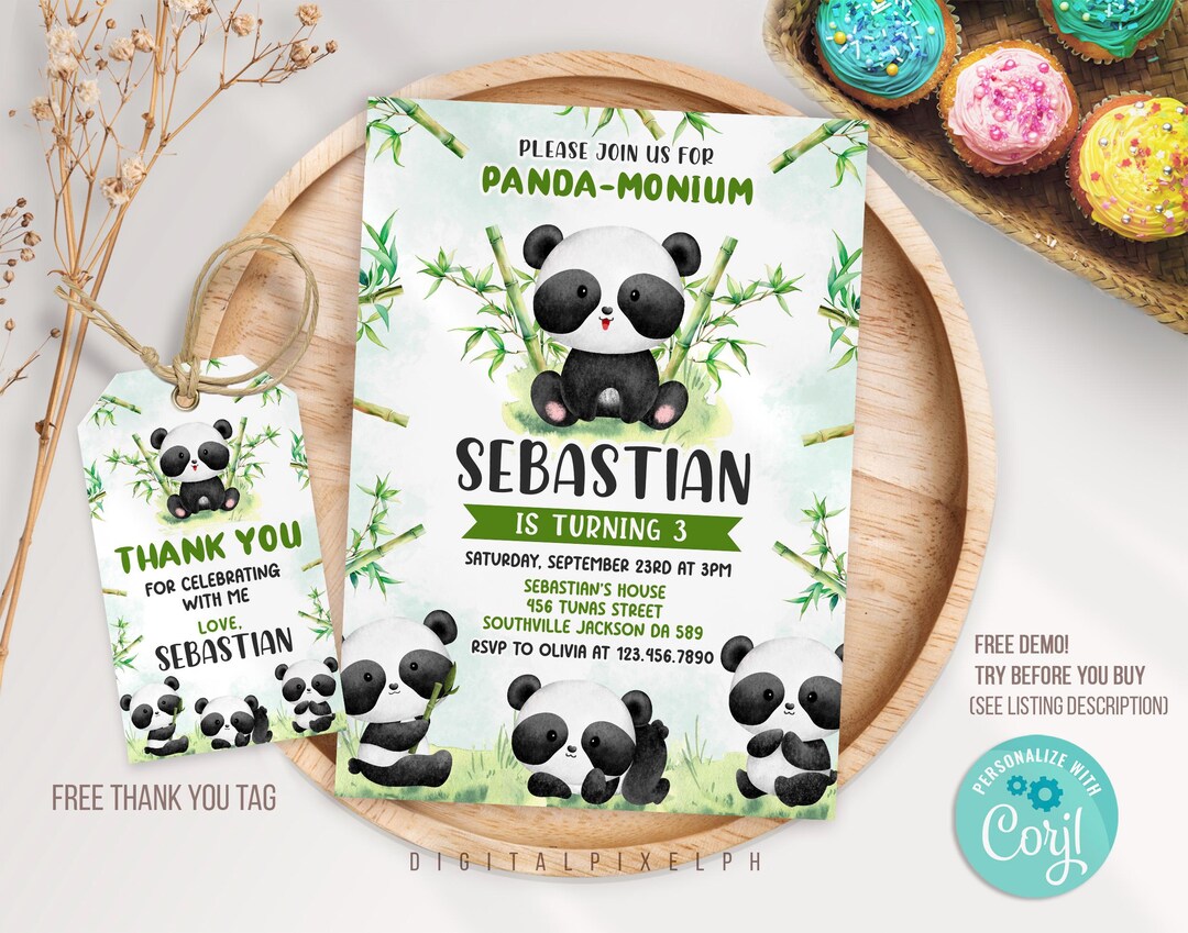 Editable Panda Birthday Invitation Template, Panda Birthday Invitation ...