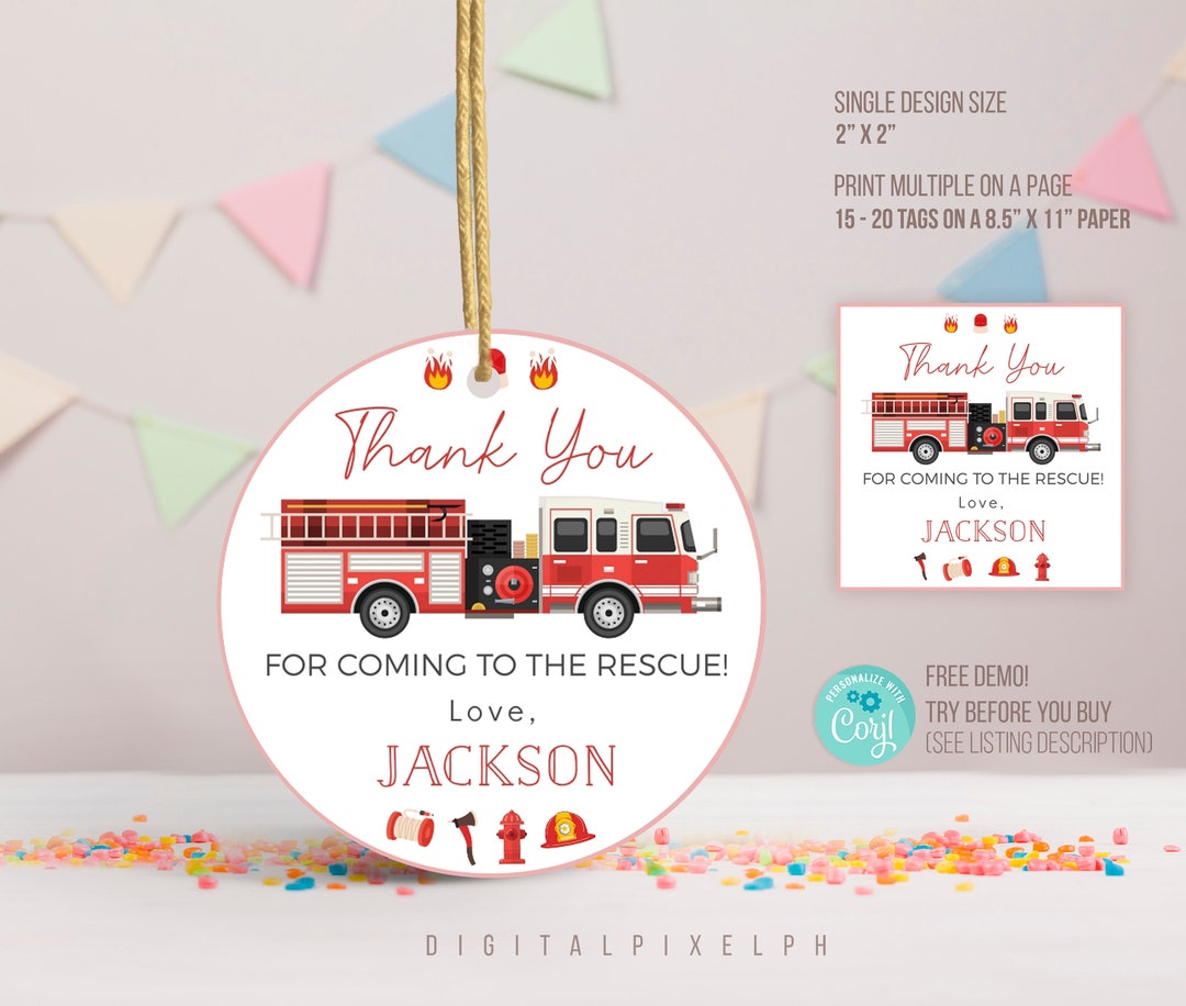 Editable Fire Truck Round Thank You Tags, Fire Truck Sticker, Fire ...