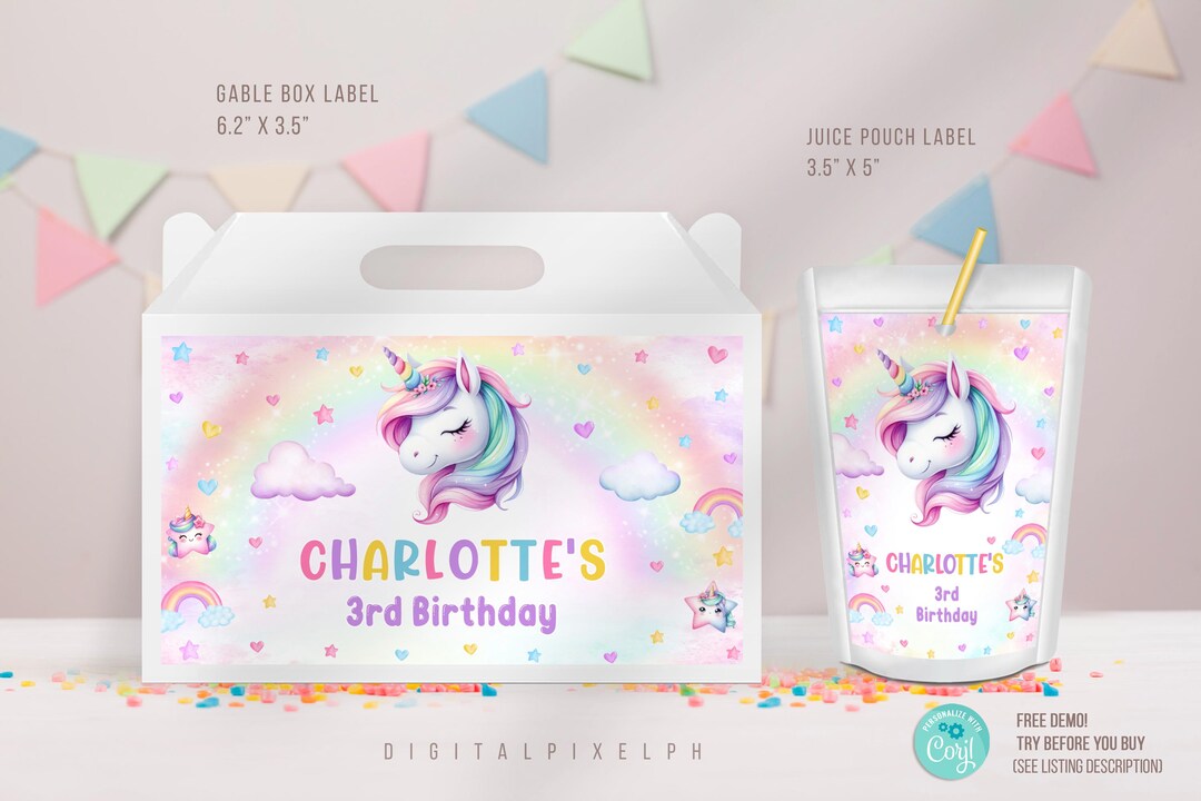 Editable Unicorn Capri Sun Labels, Unicorn Juice Labels, Unicorn Gable ...