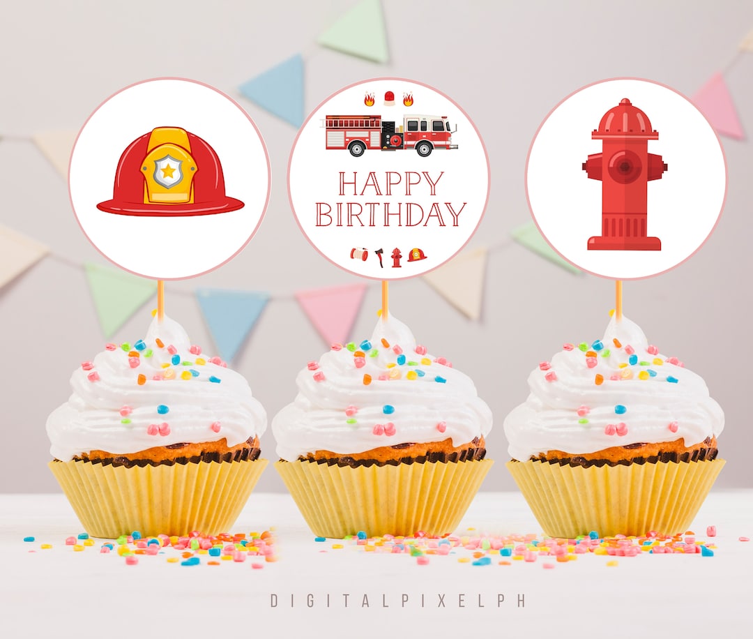 Fire Truck Birthday Party Cupcake Toppers, Fire Truck Cupcake Toppers ...