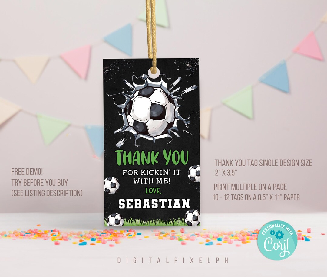 Editable Soccer Thank You Tags Template, Soccer Favor Tags, Soccer ...