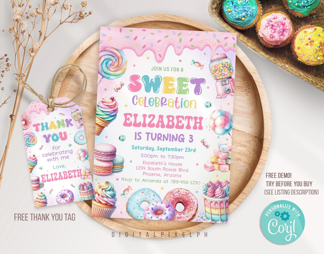 Editable Sweets Candy Invitation, Sweet Candy Birthday Invitation ...