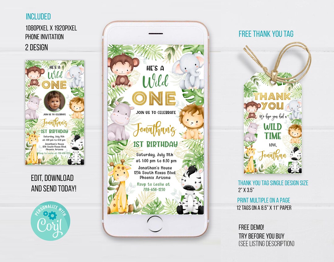 Editable Safari Phone Birthday Invitation, Safari Electronic Birthday ...