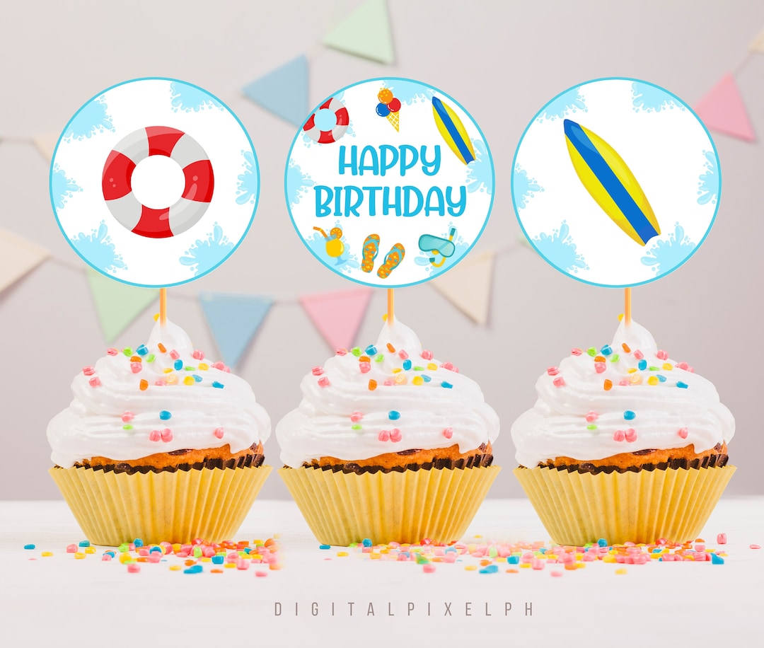 Pool Party Birthday Cupcake Toppers, Pool Party Cupcake Toppers, Pool ...