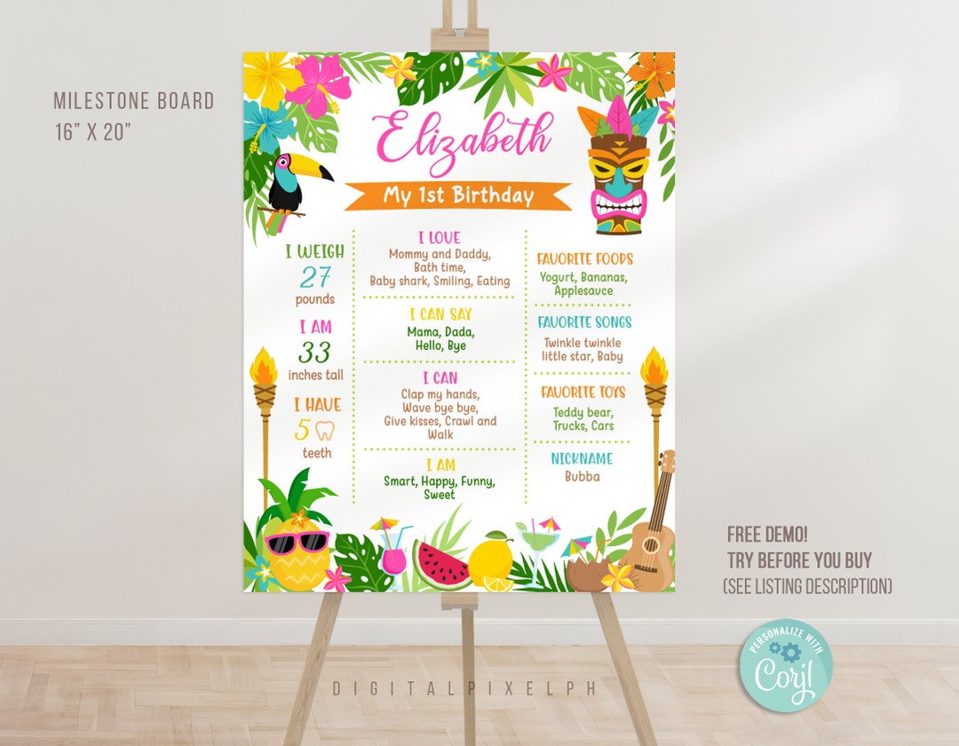 Editable Hawaiian Luau Milestone Poster Template, Luau Party Milestone ...