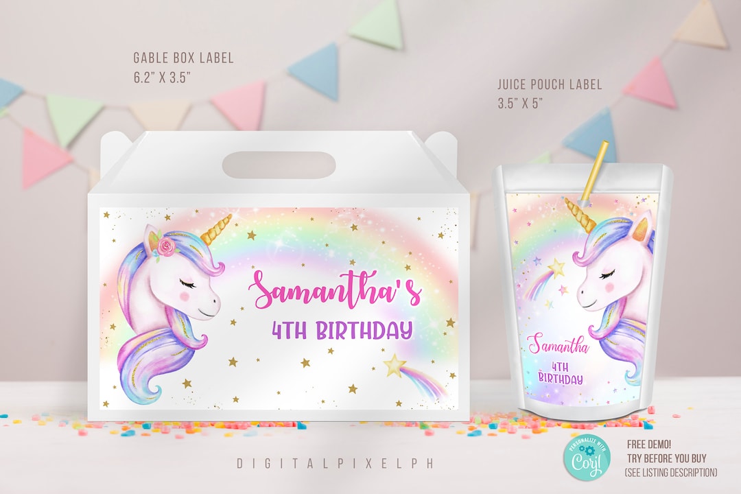 Editable Unicorn Capri Sun Labels, Unicorn Juice Labels, Unicorn Gable ...