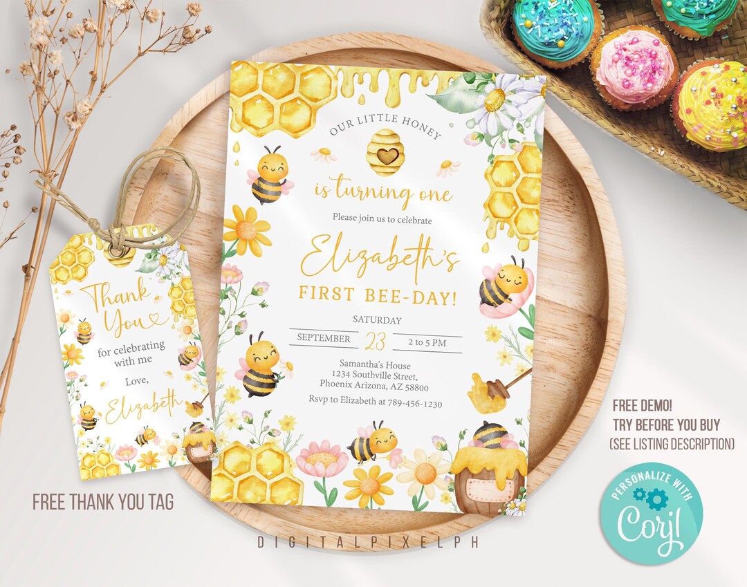 Editable Honey Bee Birthday Invitation Template, Bee Birthday ...
