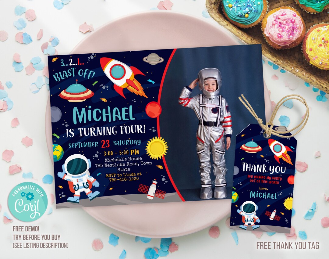 Editable Outer Space Birthday Invitation, Planets Rocket Ship Astronaut ...