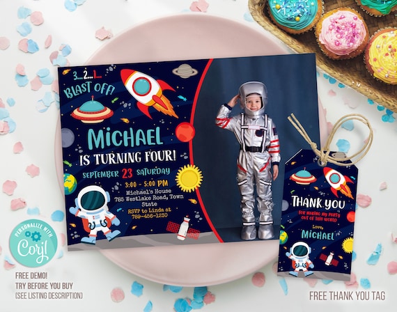 Space Galaxy Invitations Editable Outer Space First Birthday