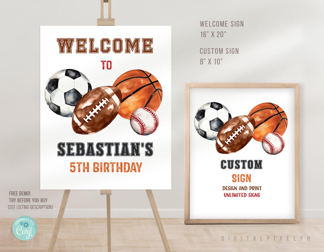 Editable Sports Ball Welcome Sign Template, Sports Ball Custom Sign ...