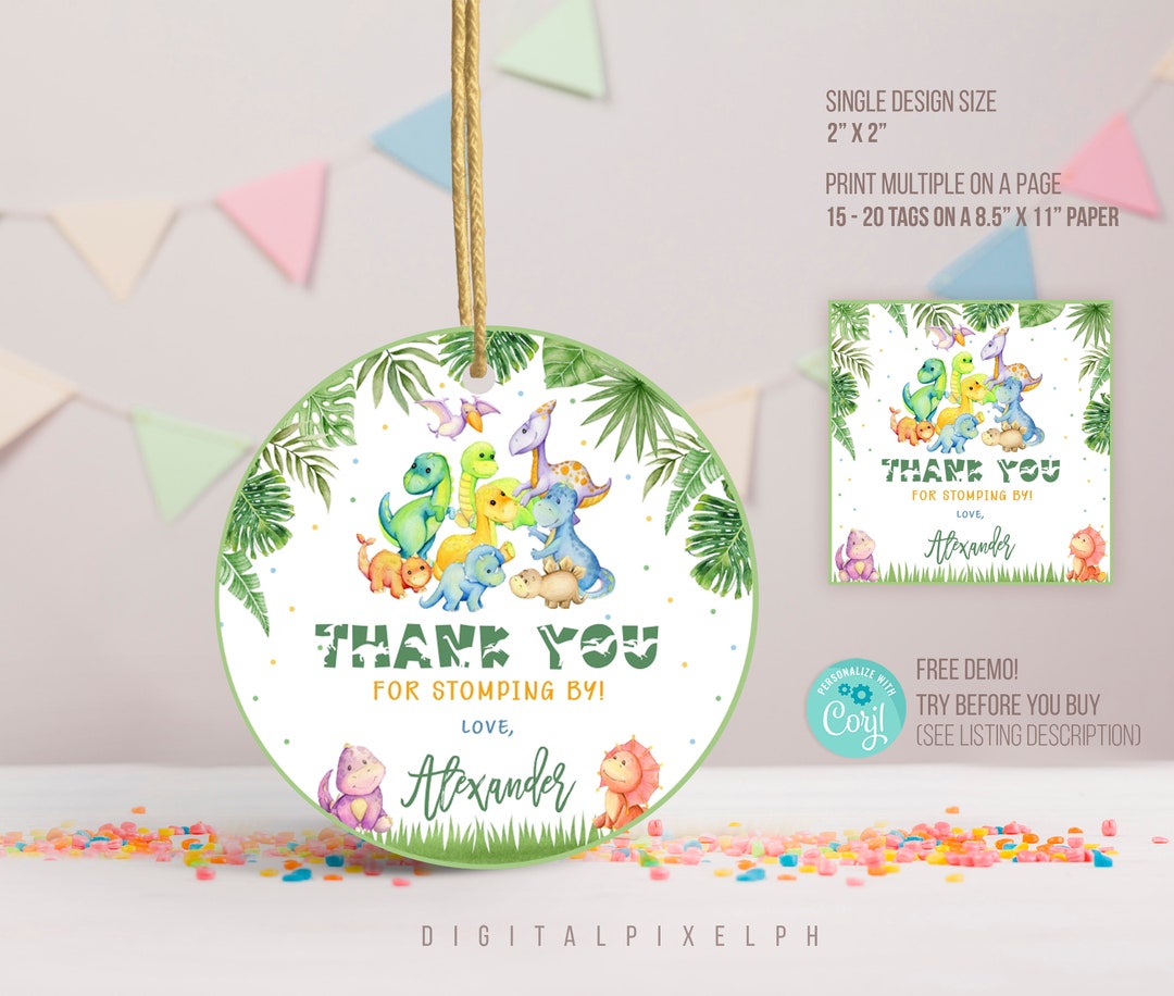 Editable Dinosaur Round Thank You Tags, Dinosaur Sticker, Dinosaur ...