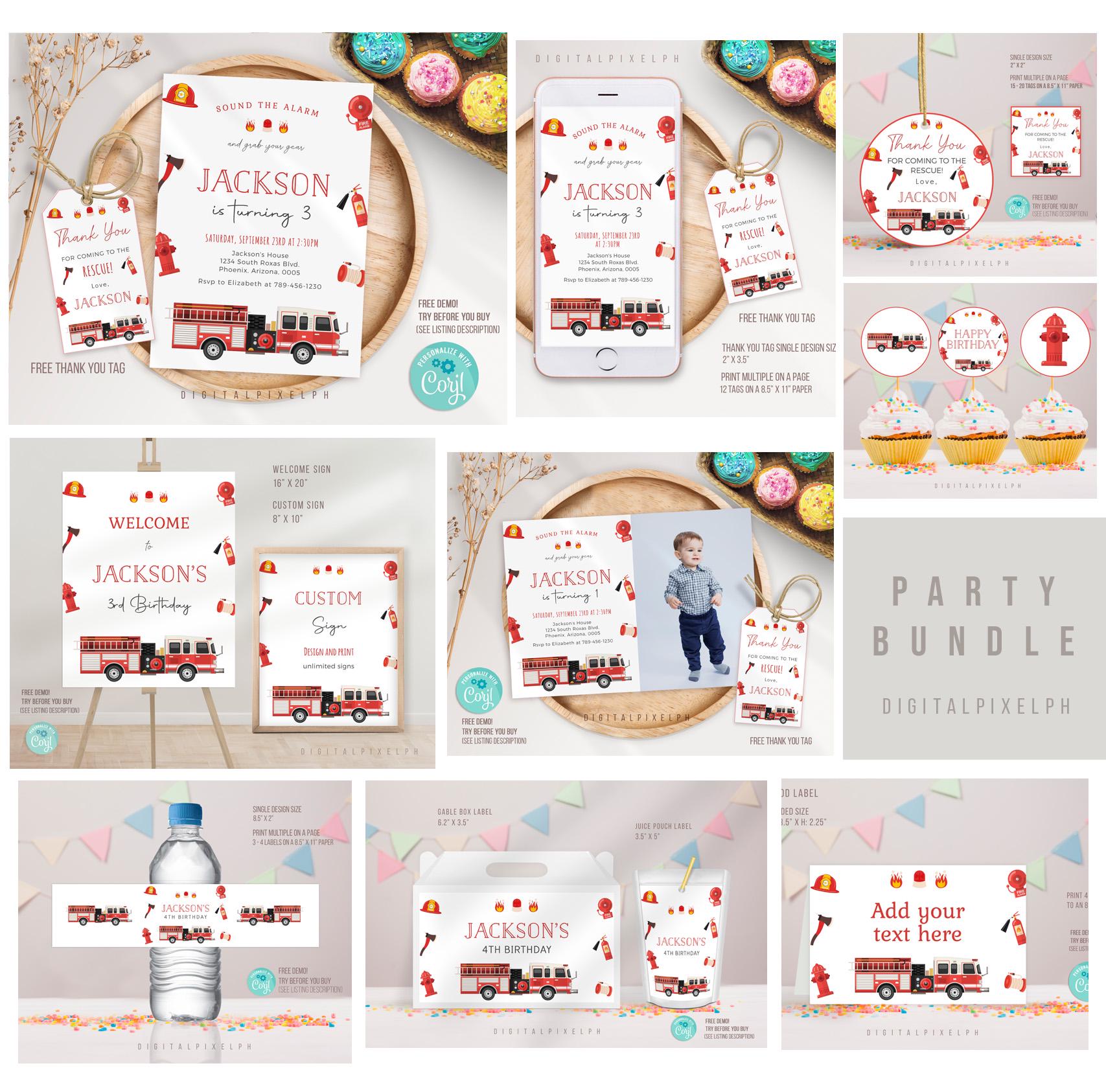 Editable Fire Truck Birthday Invitation Bundle Template, Fire Truck ...