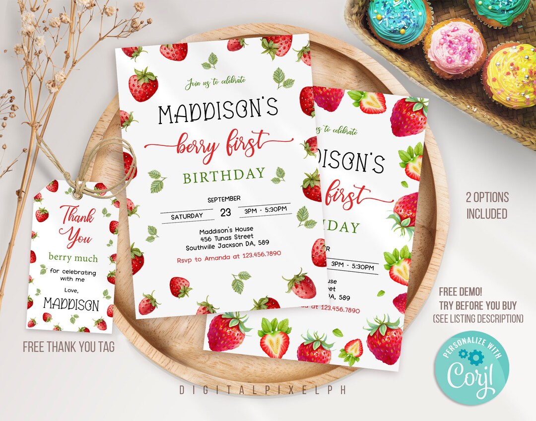 Editable Strawberry Birthday Invitation, Strawberry Invitation ...