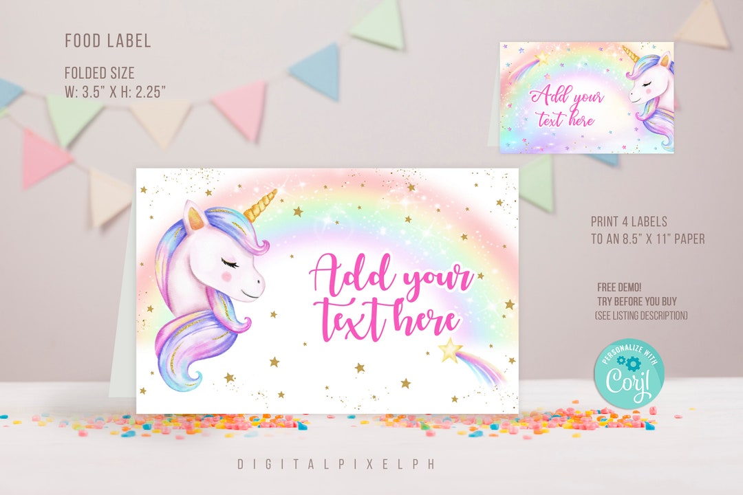 Editable Unicorn Food Label, Unicorn Birthday Party Food Tent Cards ...