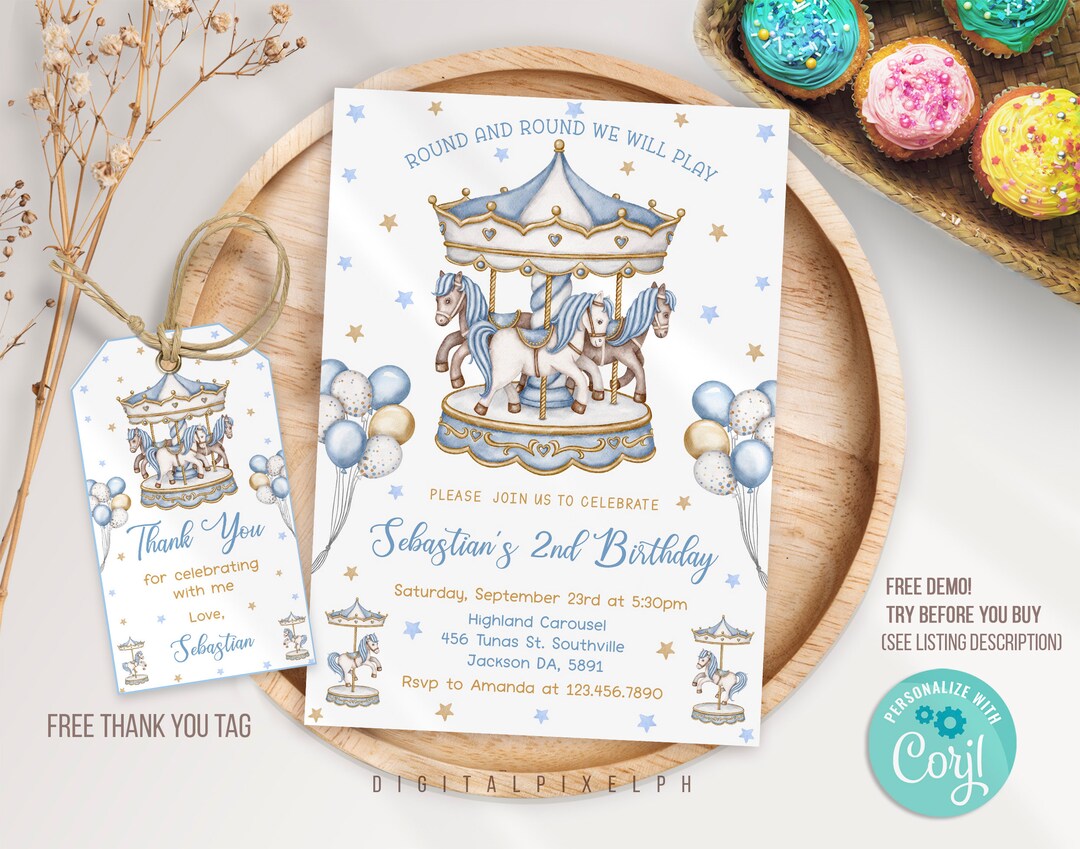 Editable Carousel Birthday Invitation Template, Carousel Birthday ...