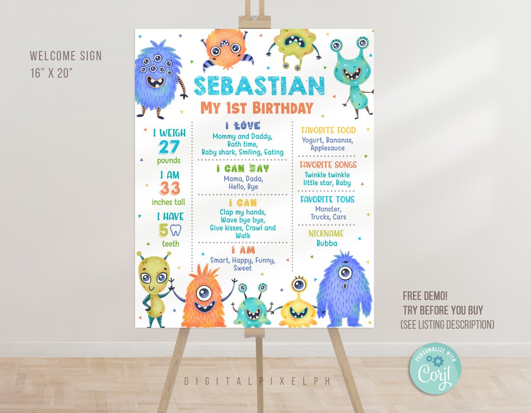 Editable Monster Birthday Milestone Poster Template, Monster Milestone ...