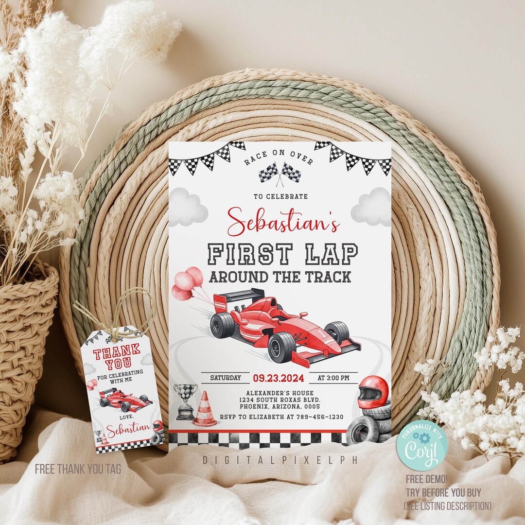 Race Car Birthday Invitation, First Lap Around the Track (digital ...