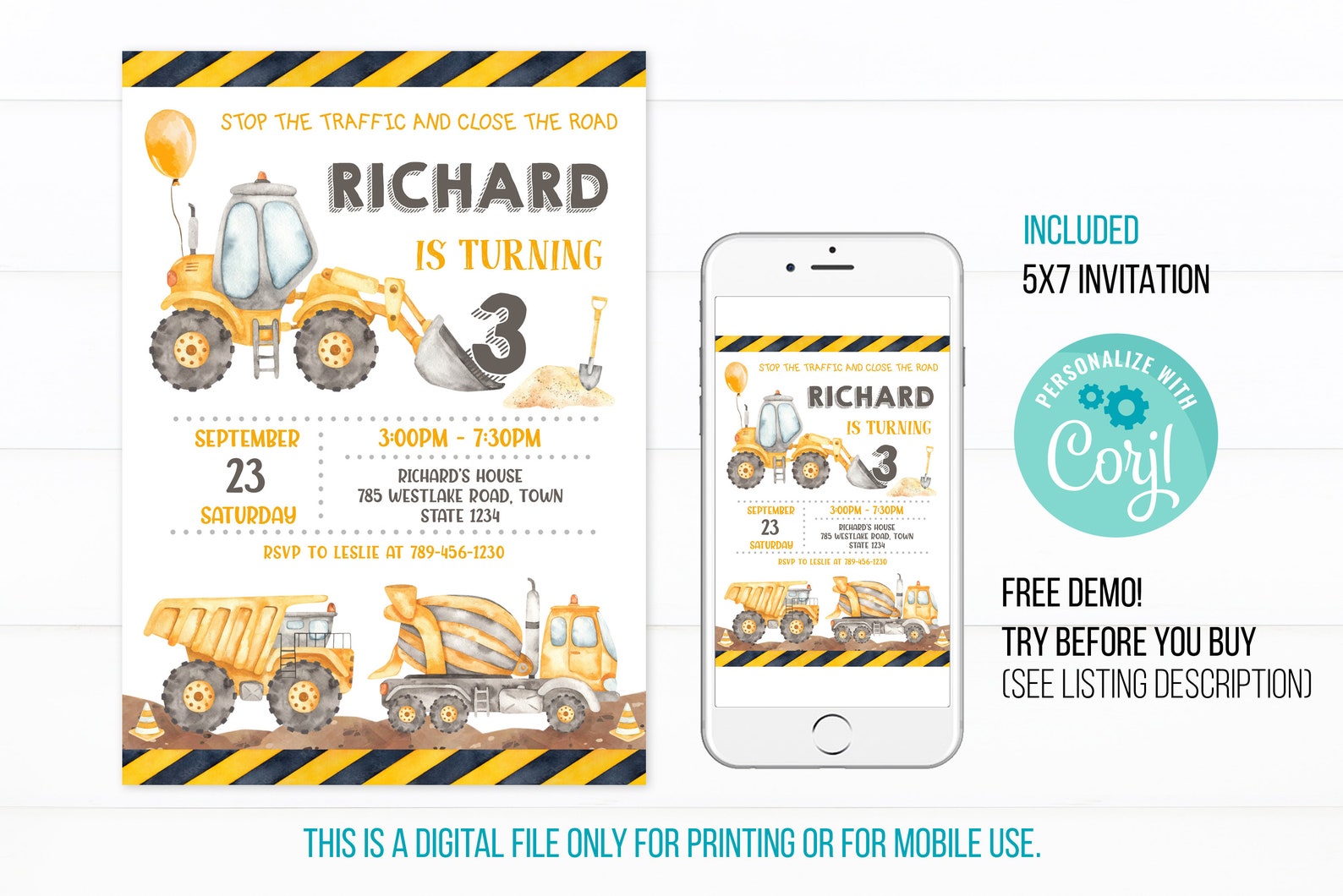 Editable Construction Birthday Party Invitation Template - Etsy