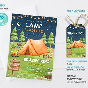 Editable Camping Birthday Invitation, Happy Camper Invitation, Camping ...
