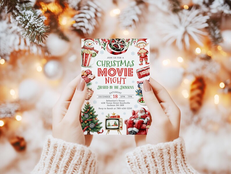 Christmas Movie Night Invitation, Editable Holiday Party (digital ...