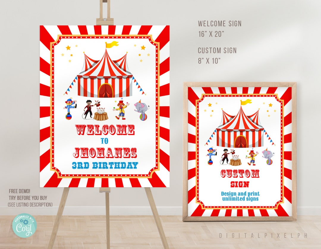 Editable Circus Welcome Sign Template, Circus Birthday Custom Sign ...