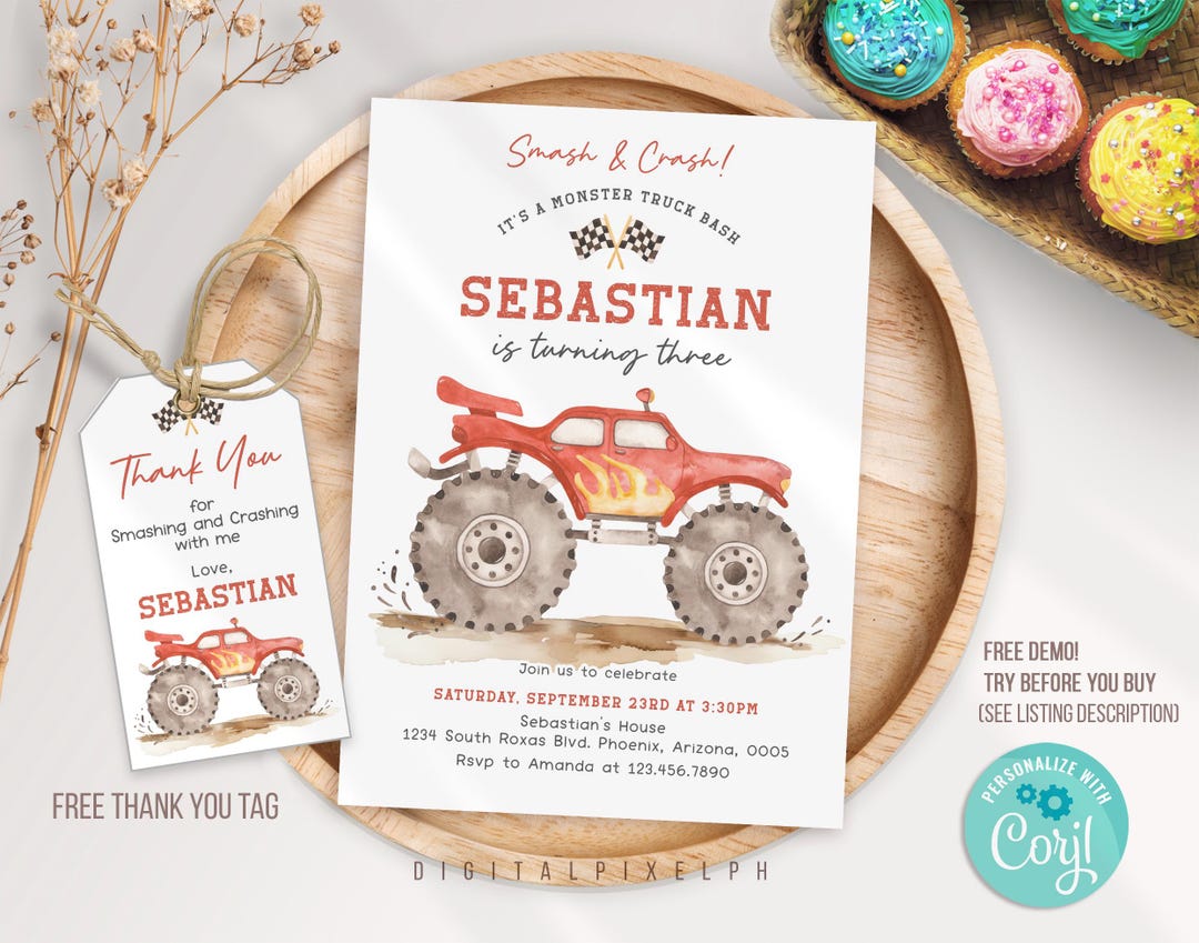 Editable Monster Truck Birthday Invitation Template, Monster Truck ...