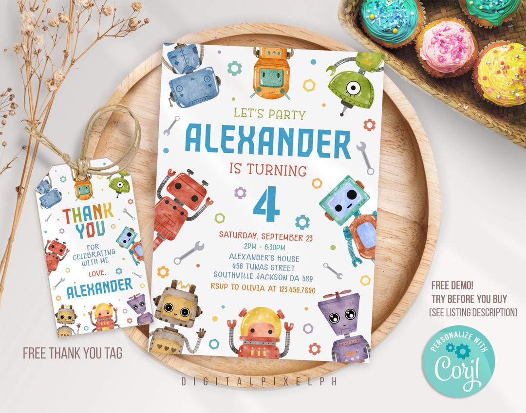 Editable Robot Birthday Invitation Template, Robot Birthday Invitation ...