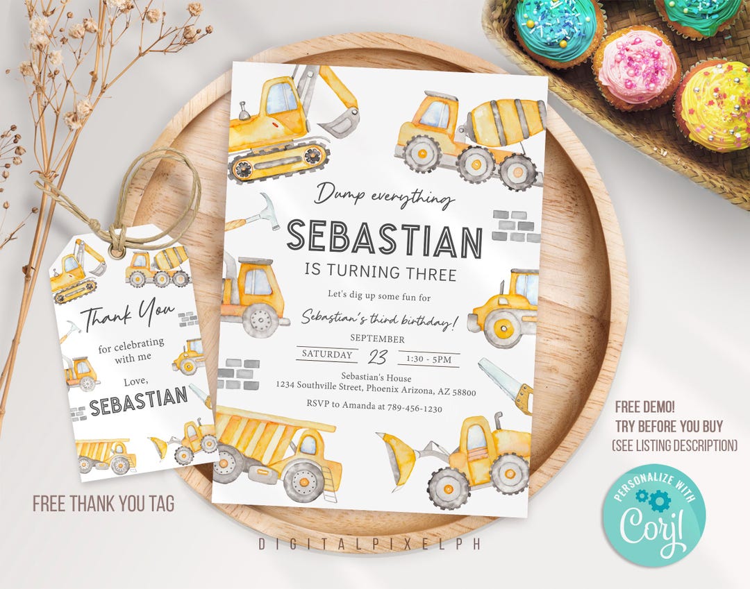 Editable Construction Birthday Invitation, Construction Birthday ...