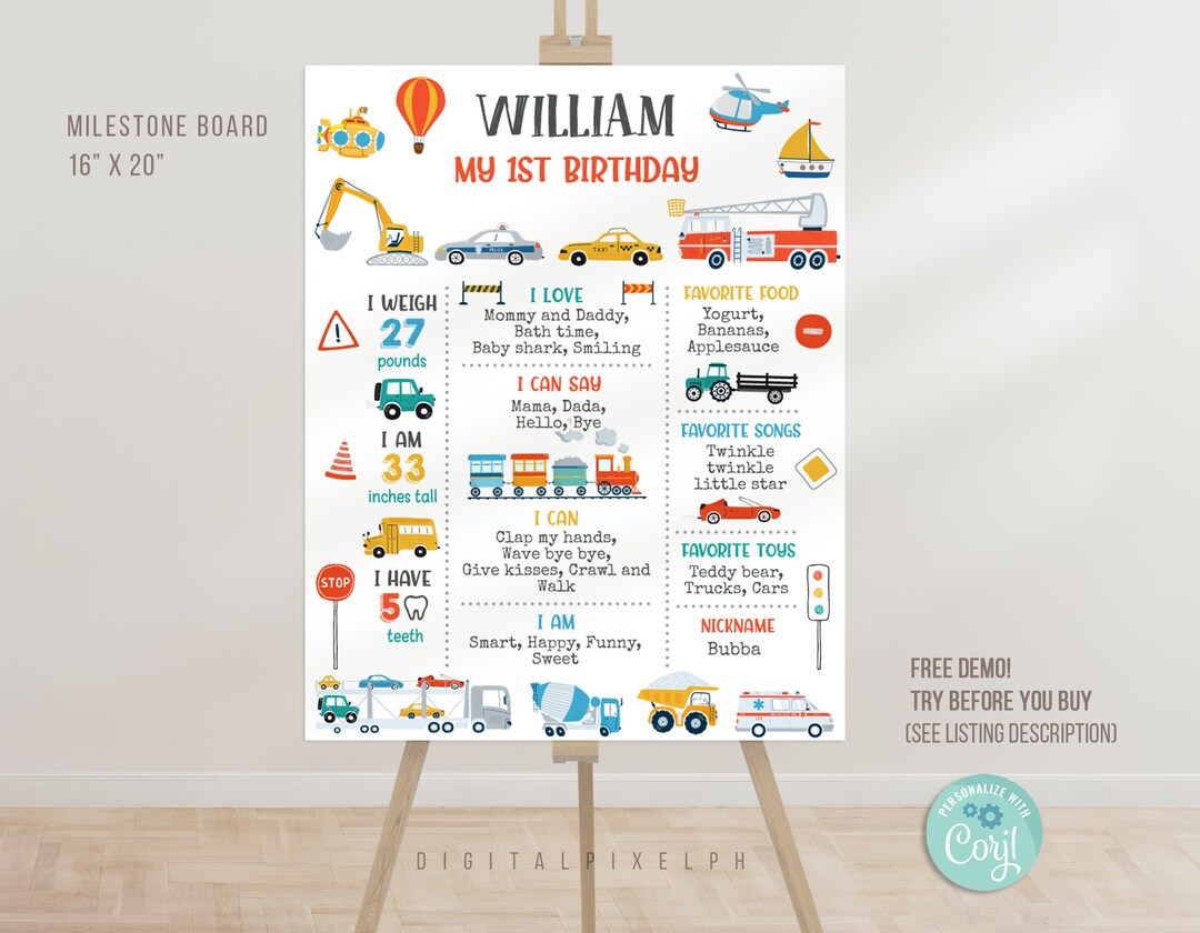 Editable Transportation Vehicle Birthday Milestone Poster Template ...