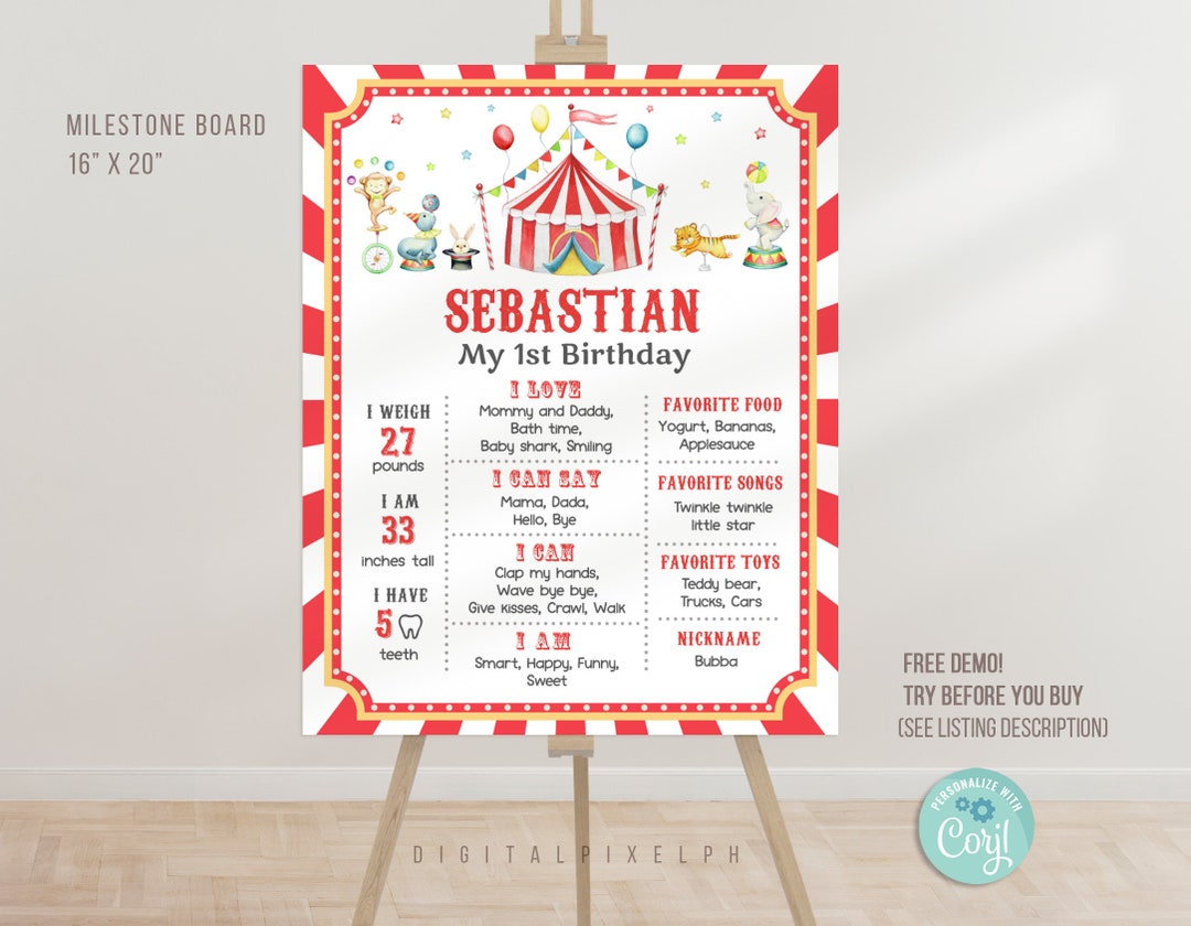 Editable Circus Birthday Milestone Poster Template, Circus Milestone ...