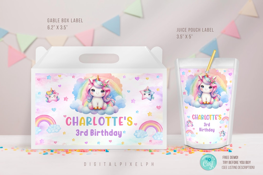 Editable Unicorn Capri Sun Labels, Unicorn Juice Labels, Unicorn Gable ...