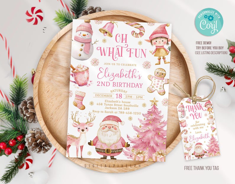 Editable Pink Christmas Birthday Invitation (digital Download) - Etsy